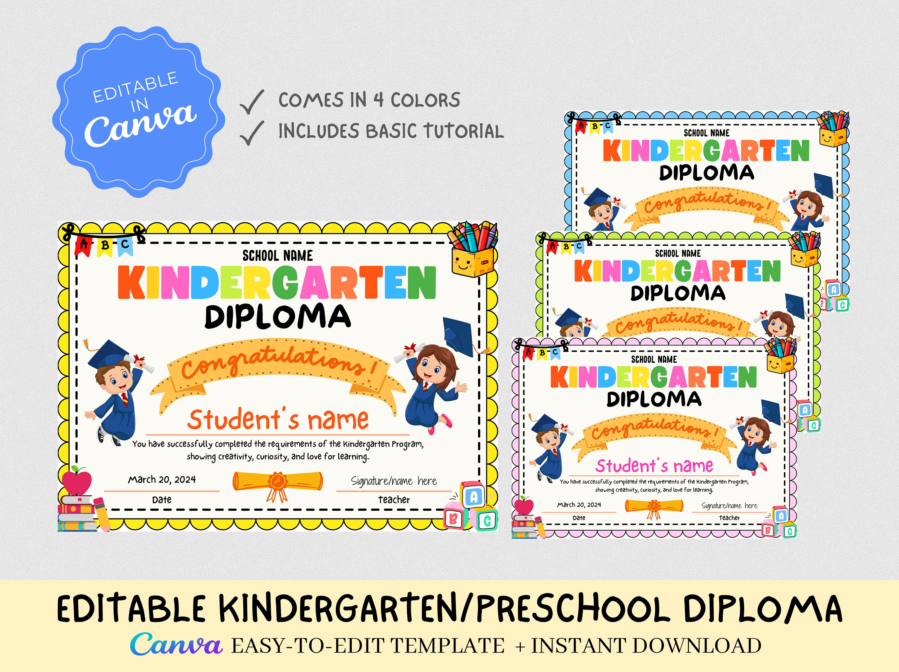 Editable Kindergarten Grade School Pre-k Certificate Diploma | Editable ...