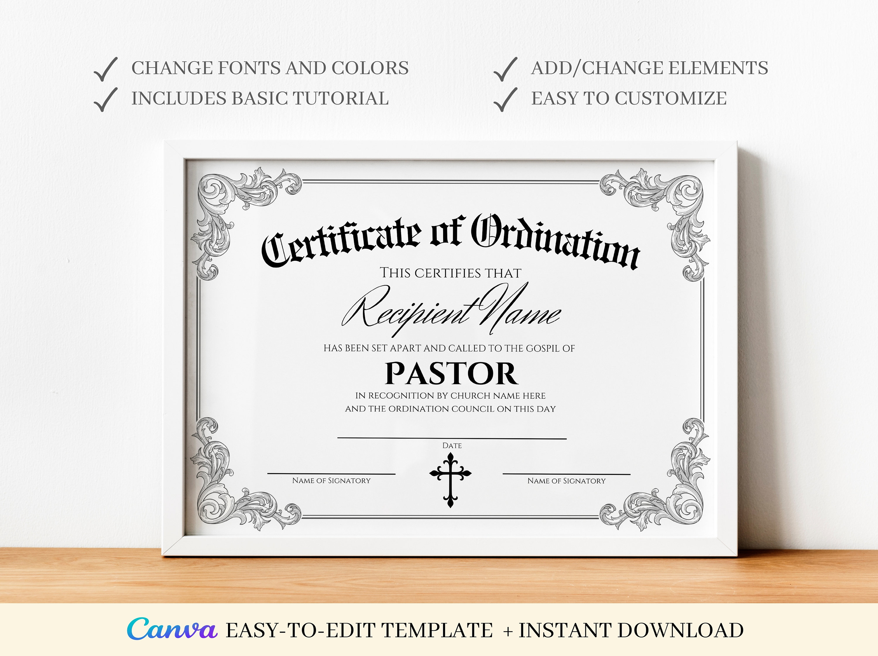 Editable Pastor Ordination Ministry Certificate | Canva Template ...