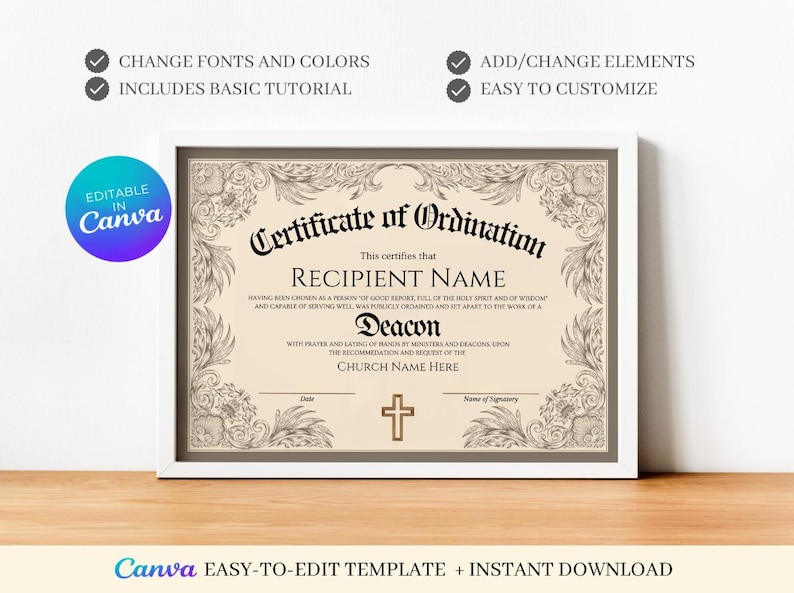 Editable Deacon Ordination Certificate Template | Church Ministry ...