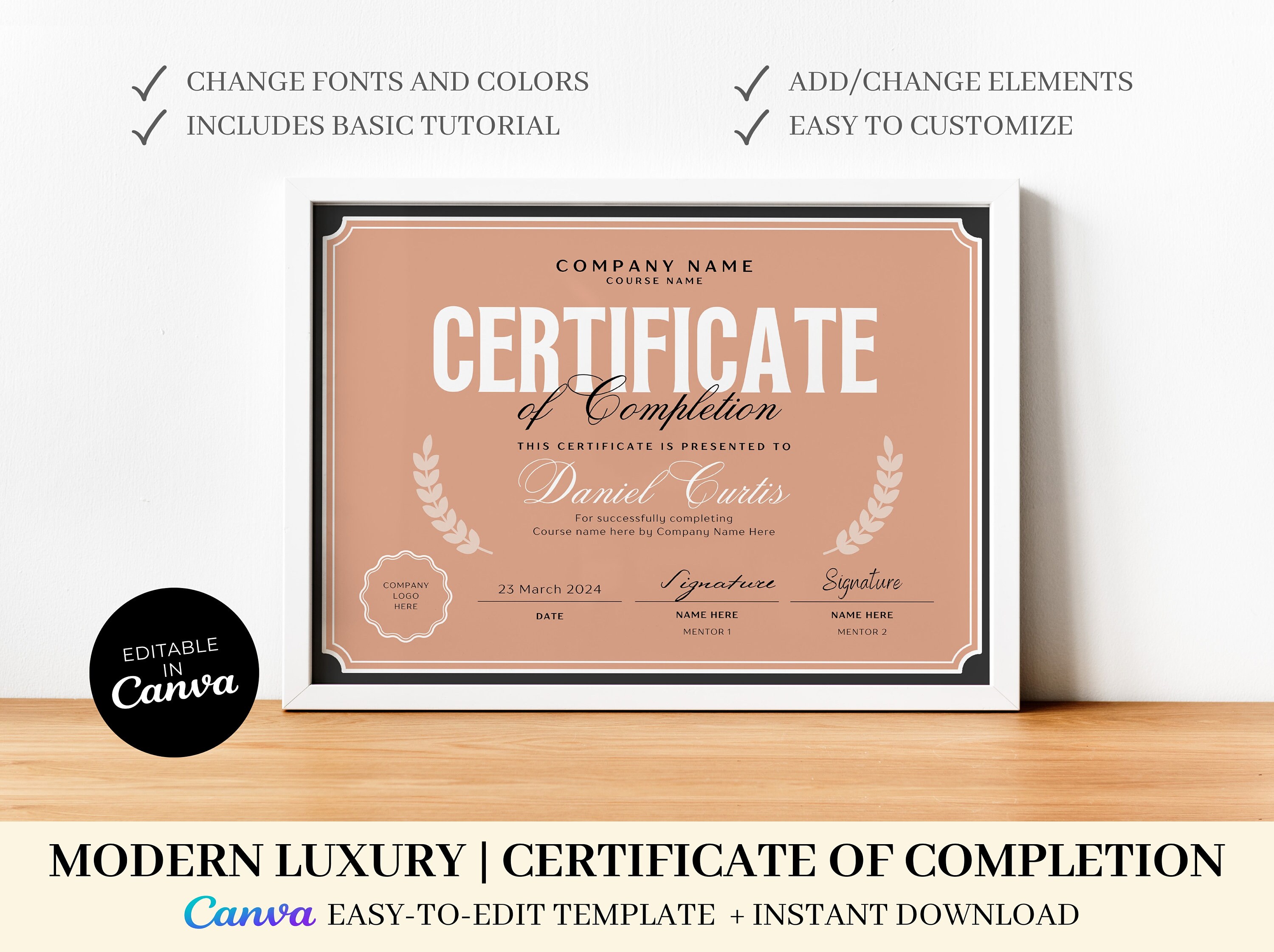 Editable Certificate of Completion | Printable CANVA Template | Luxury ...