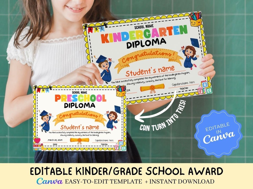 Editable Kindergarten Grade School Pre-k Certificate Diploma | Editable ...