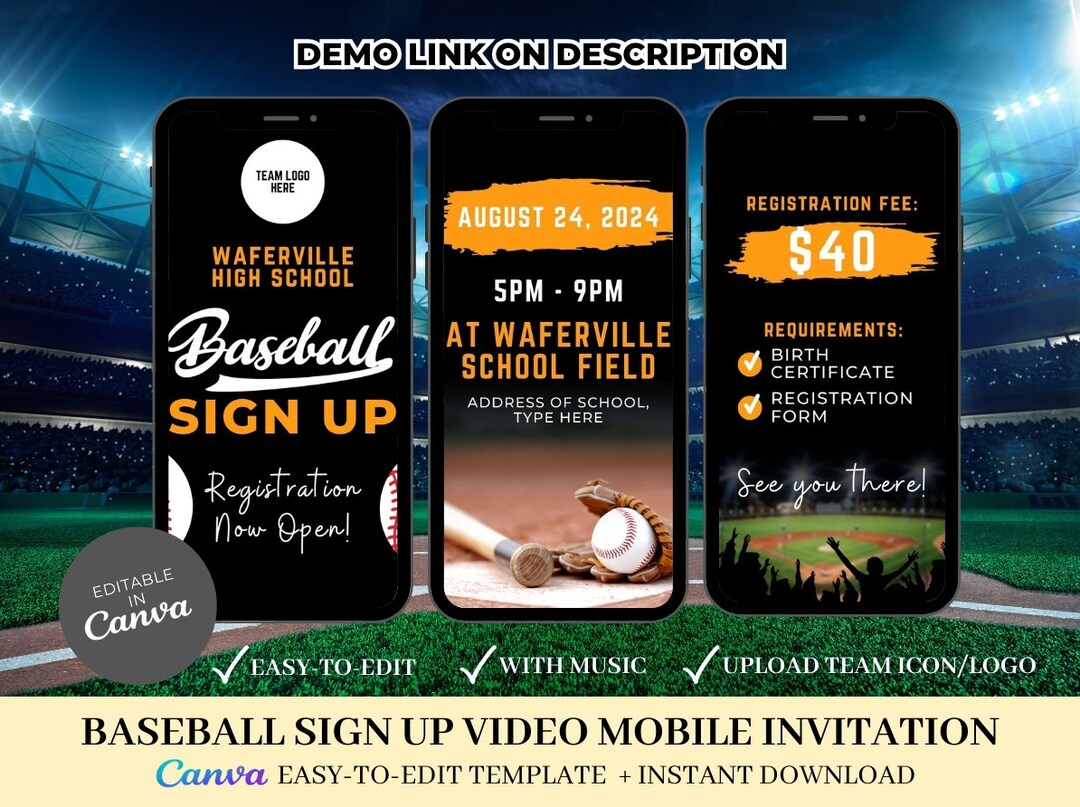 Editable Baseball Sign up E-vite | Video Invitation | Summer Camp ...