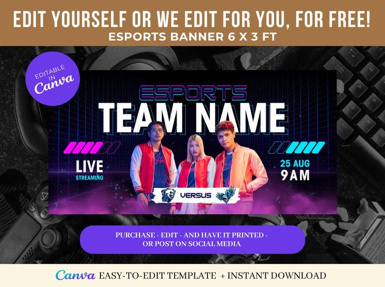 Editable E-sports Banner Canva Template Gamer Team Banner Esports Large ...