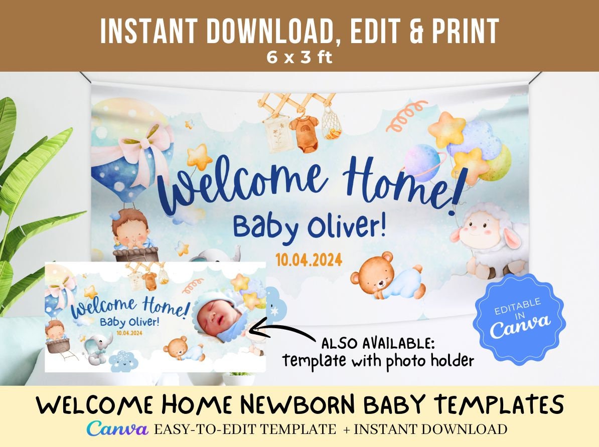 Editable Personalized Blue Boy Welcome Home Banner | Canva Template ...