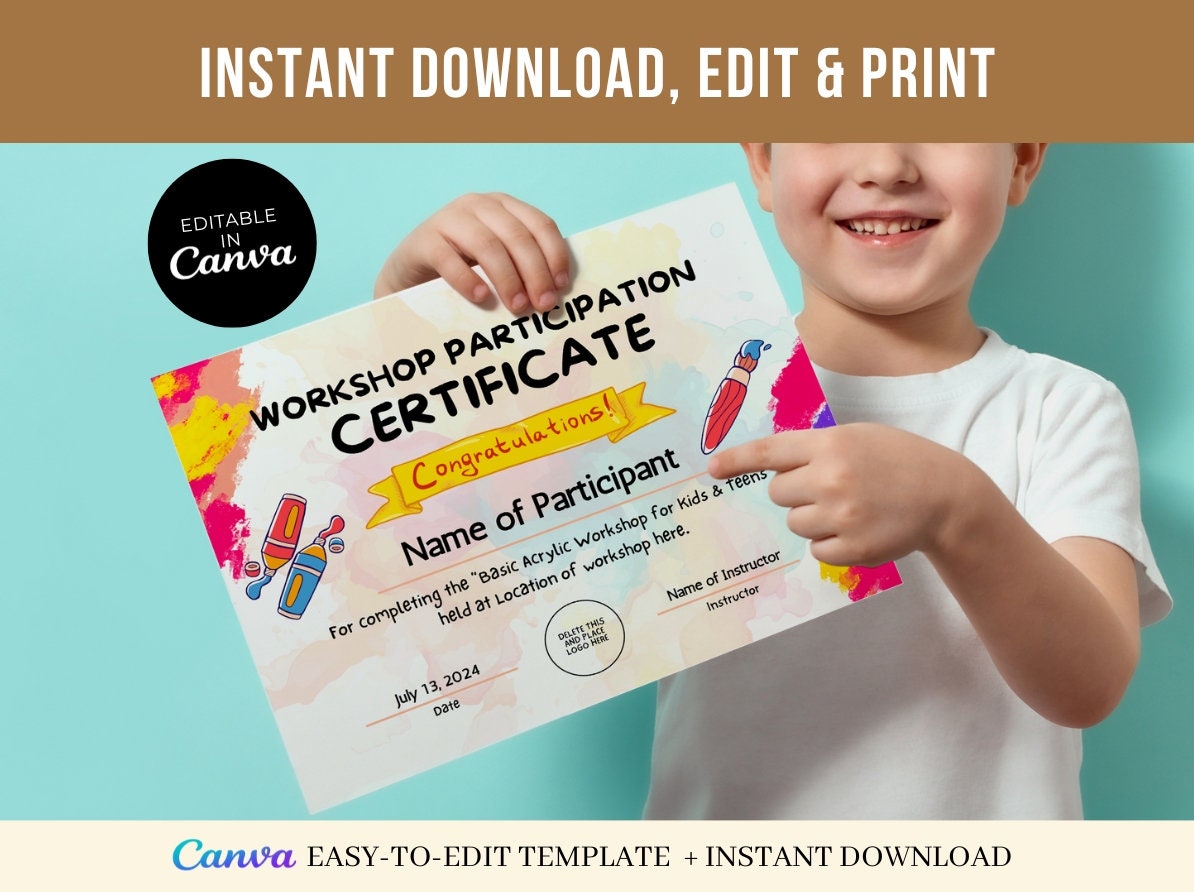 Editable Art Workshop Certificate of Participation | Editable CANVA ...
