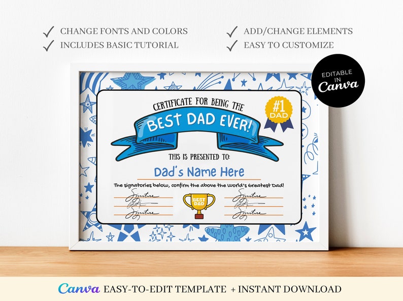 Editable Printable Greatest Dad Certificate | Canva Template | Father's ...