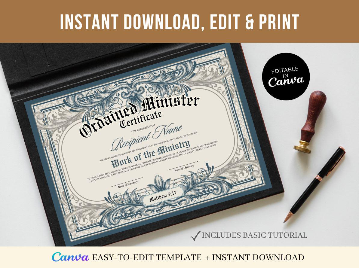 Editable Minister Ordination Certificate Template | Canva (digital ...