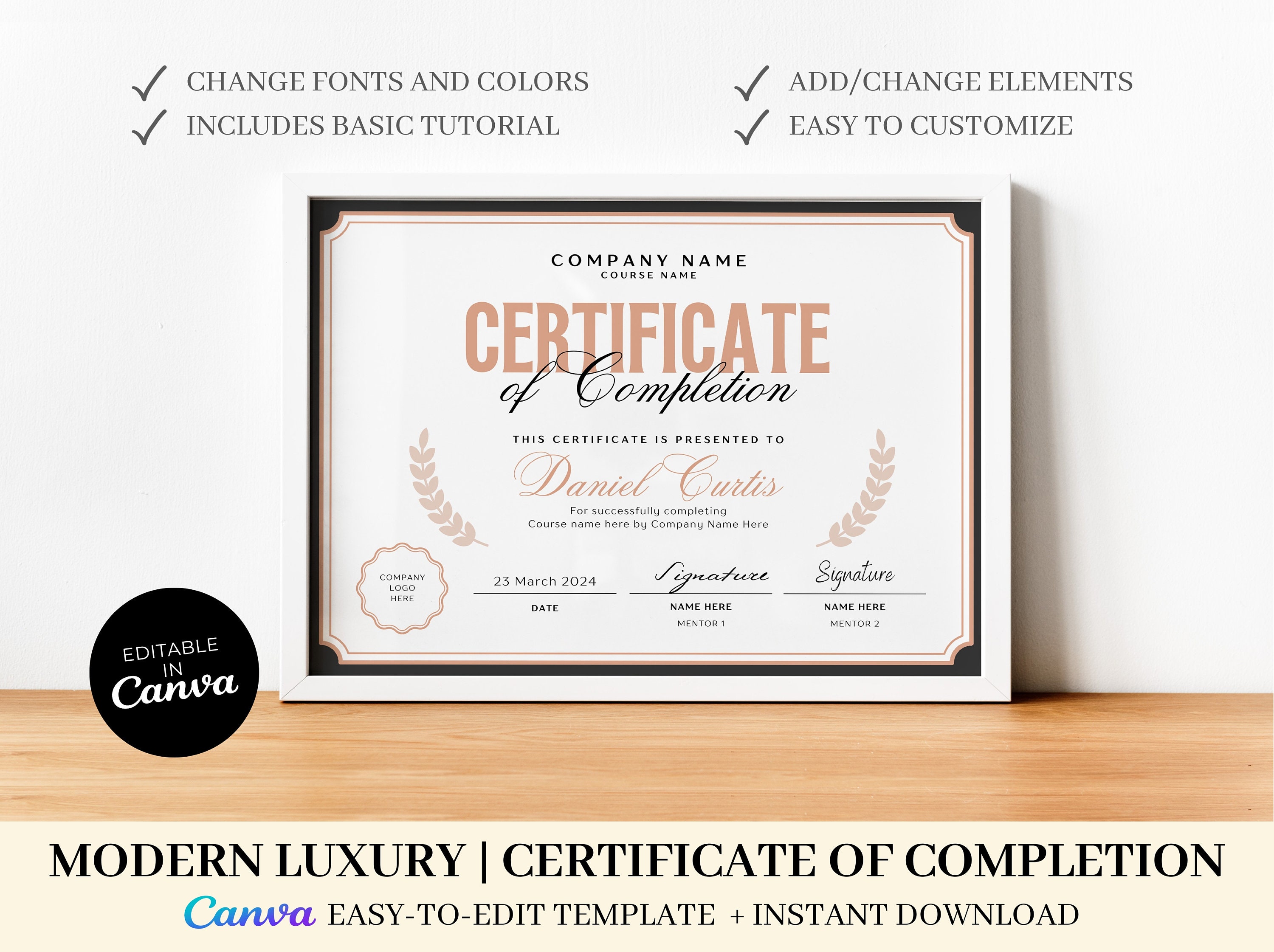 Editable Certificate of Completion | Printable CANVA Template | Luxury ...