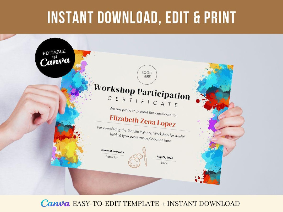 Editable Art Workshop Certificate of Participation for Adult & Kids ...