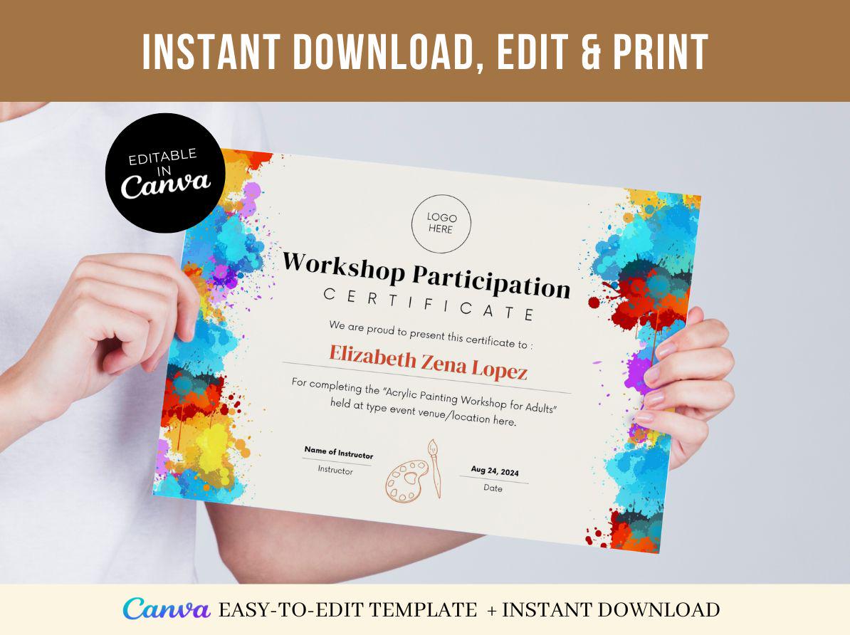 Editable Art Workshop Certificate of Participation for Adult & Kids ...