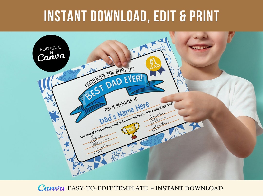 Editable Printable Greatest Dad Certificate | Canva Template | Father's ...