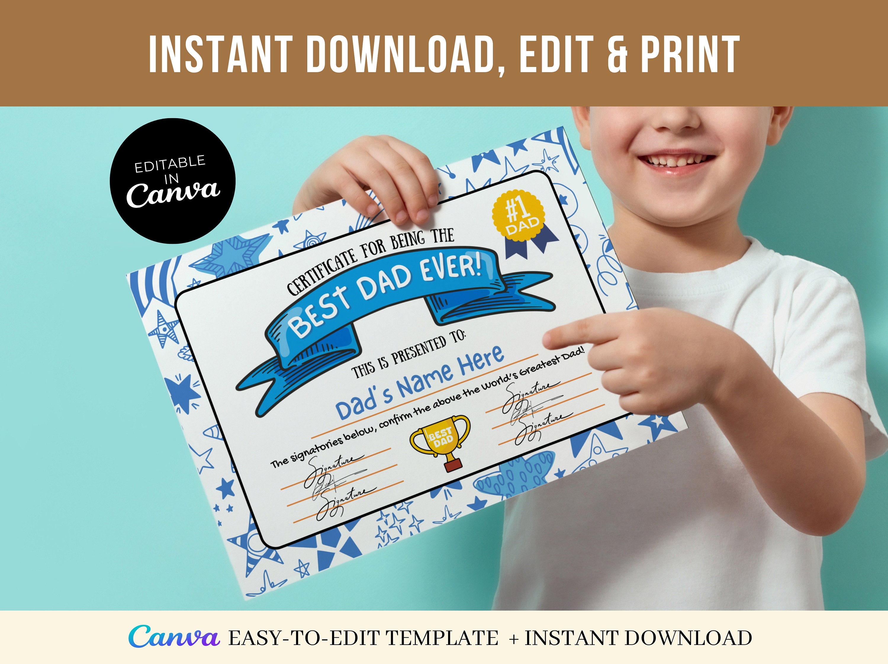Editable Printable Greatest Dad Certificate | Canva Template | Father's ...