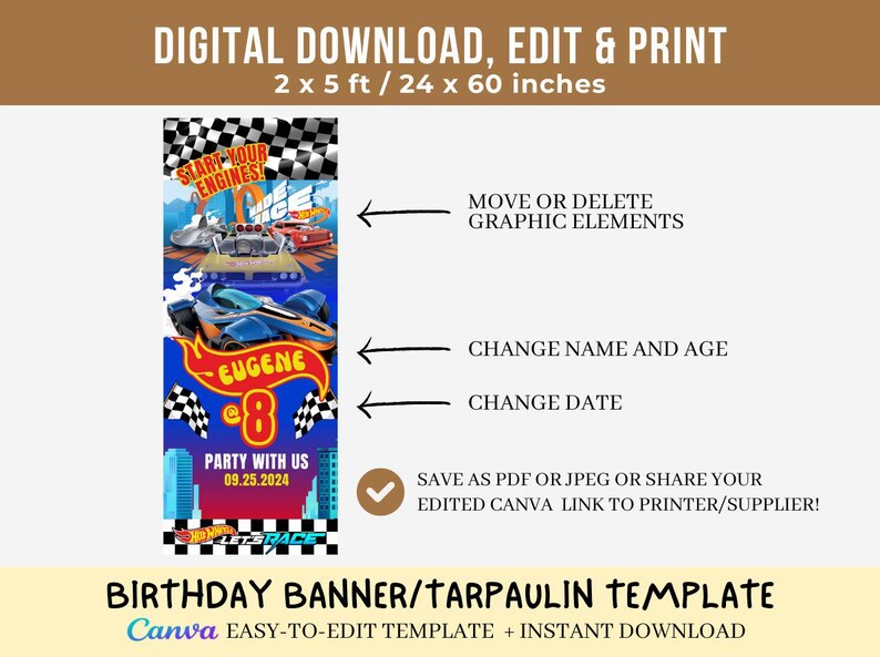 Editable Hot Cars Wheel Birthday Banner | Canva Template | Racing Car ...