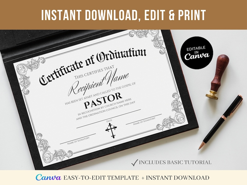 Editable Pastor Ordination Ministry Certificate | Canva Template ...