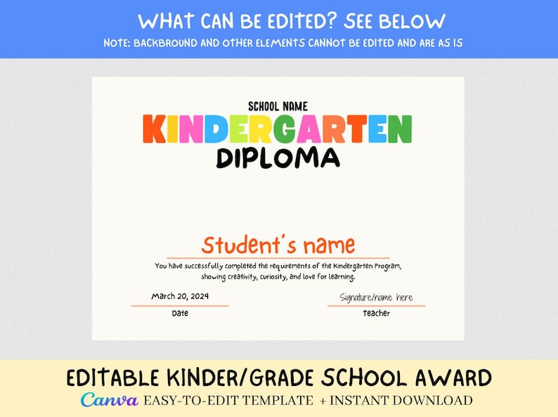 Editable Kindergarten Grade School Pre-k Certificate Diploma Editable ...