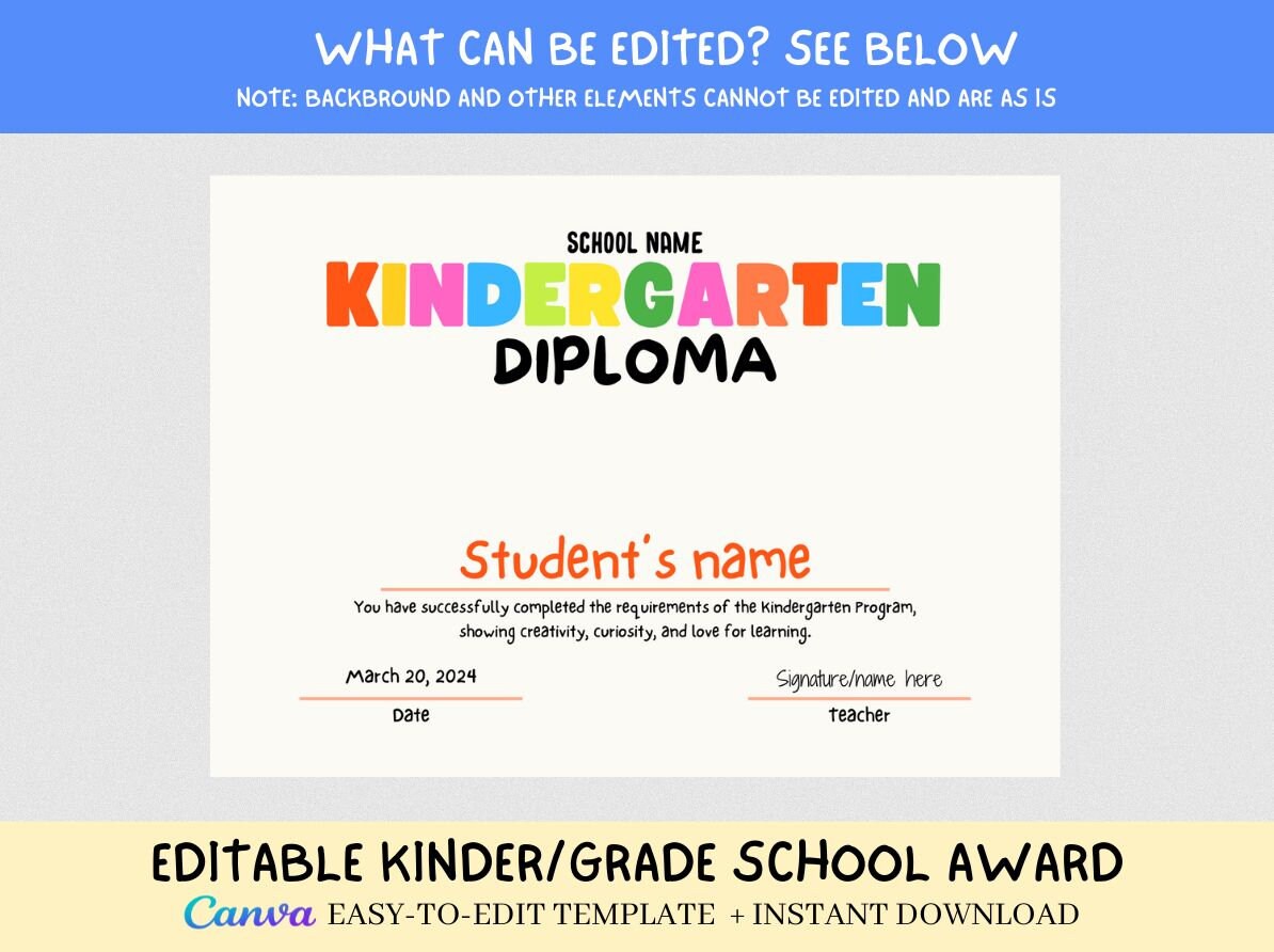 Editable Kindergarten Grade School Pre-k Certificate Diploma | Editable ...