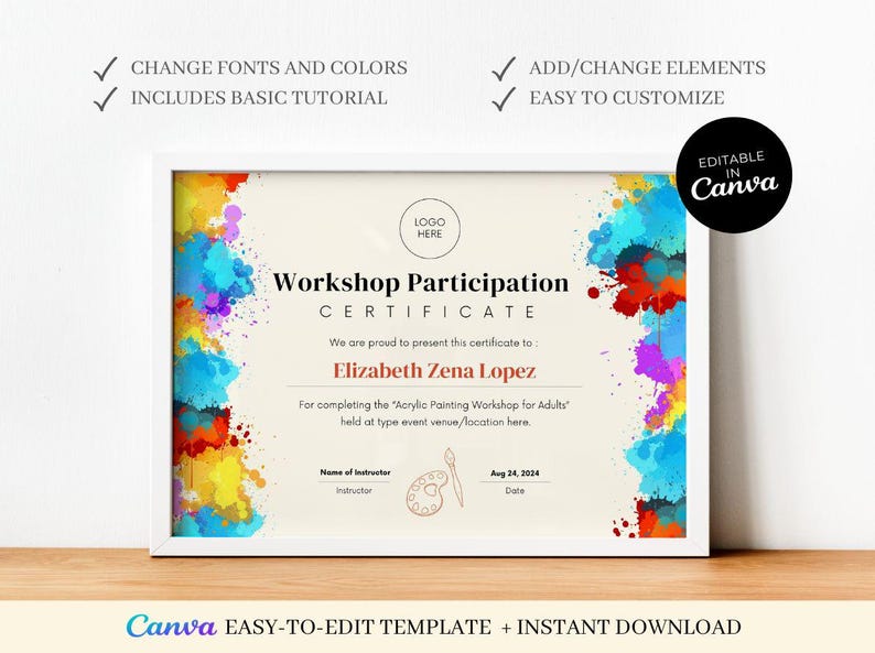 Editable Art Workshop Certificate of Participation for Adult & Kids ...