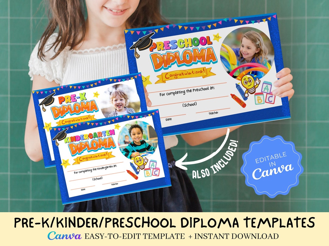 Editable Pre-k Kindergarten Preschool Diploma Template | PRINTABLE ...