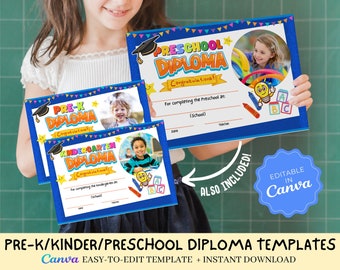 Pre K Diploma Template, PRINTABLE Preschool Certificate, Canva Template ...
