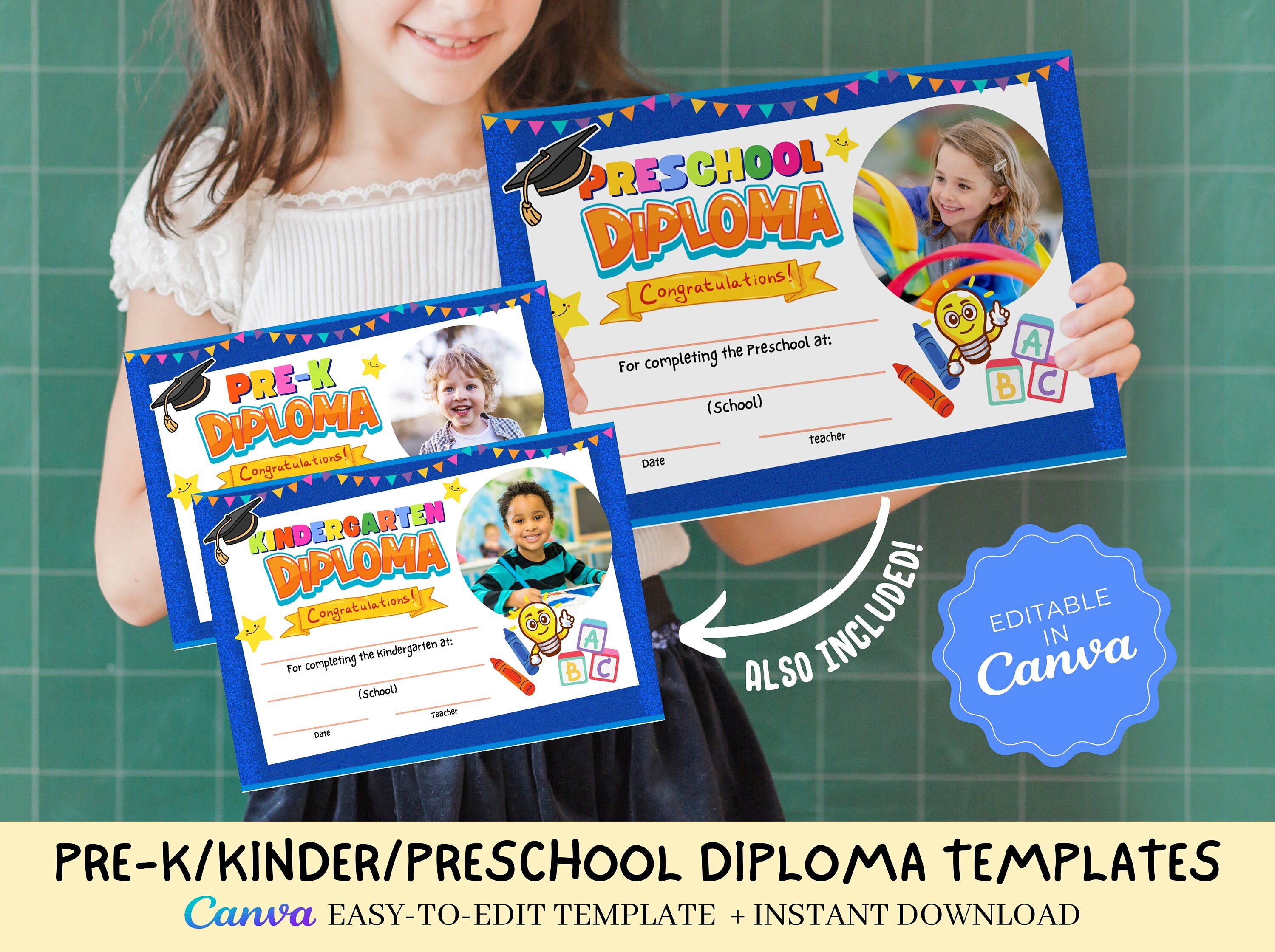 Editable Pre-k Kindergarten Preschool Diploma Template | PRINTABLE ...
