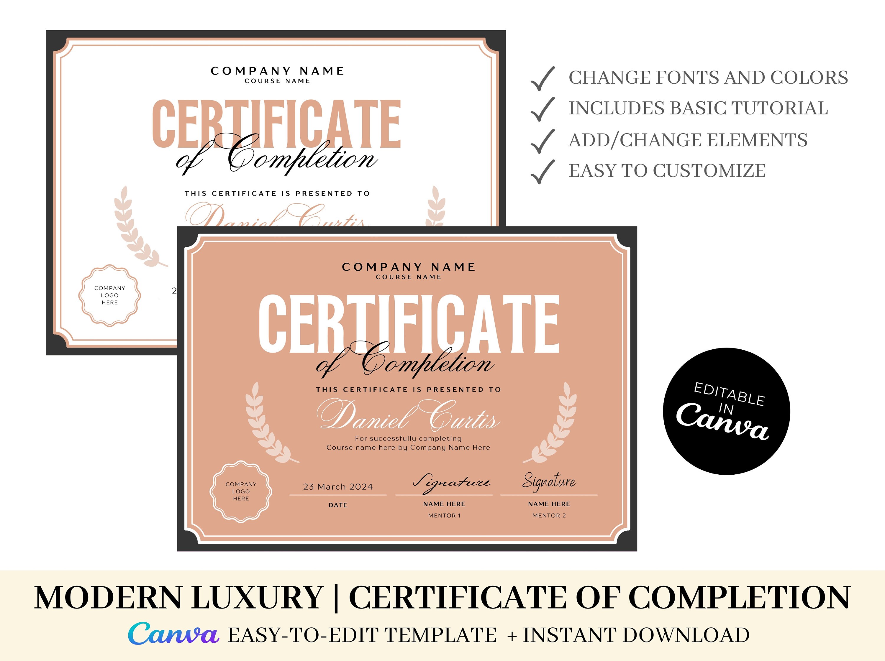 Editable Certificate of Completion | Printable CANVA Template | Luxury ...