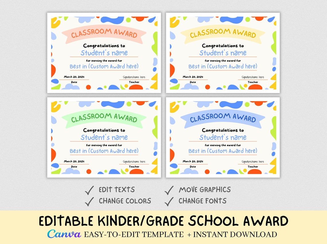Kinder Grade School Certificate Award Editable CANVA Template Colorful ...