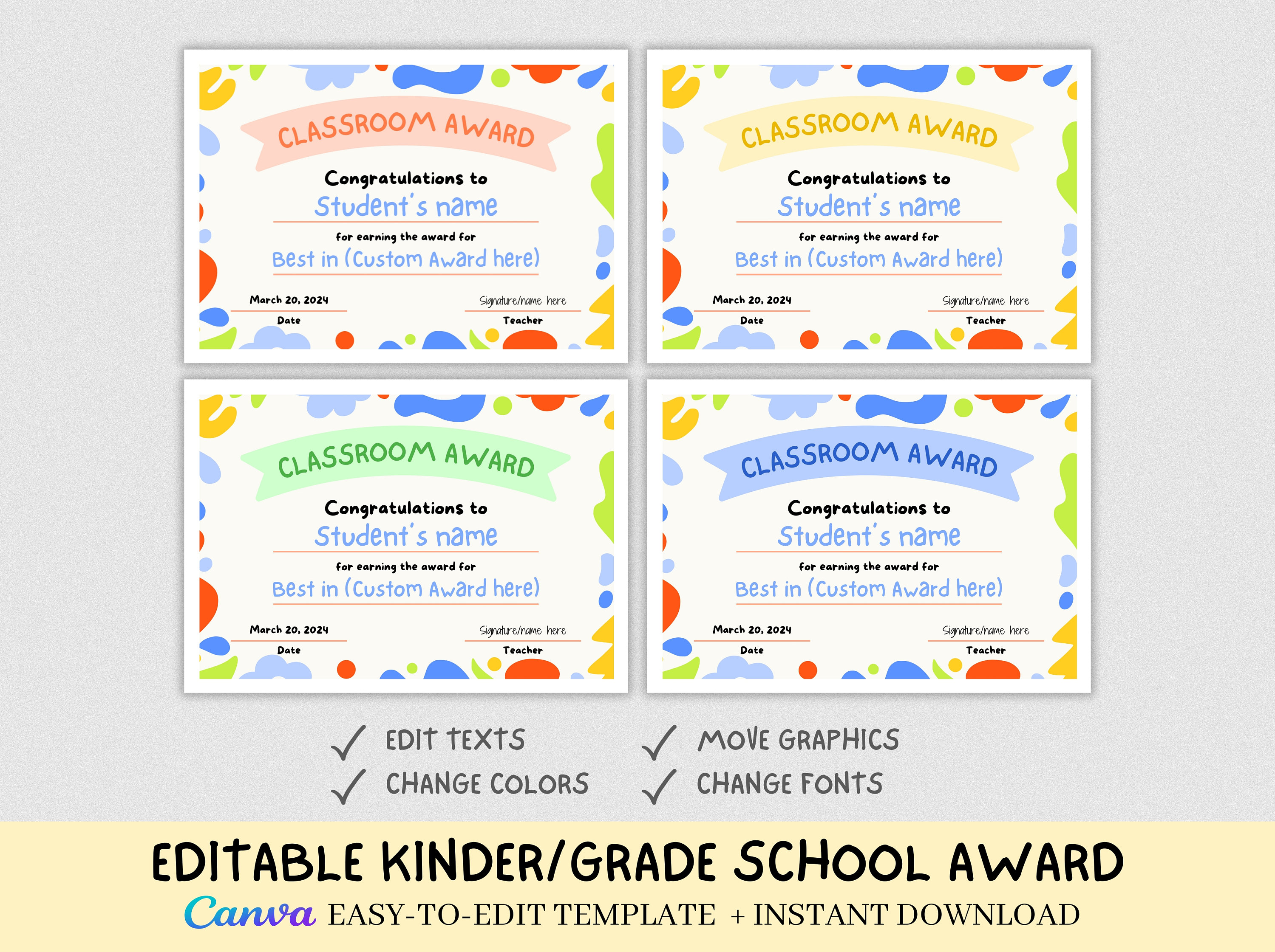 Editable Kindergarten Grade School Pre-k Certificate Award | Editable ...