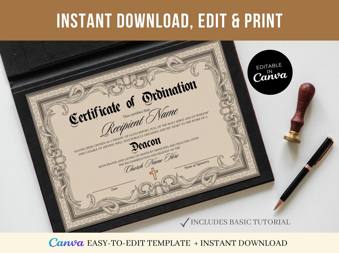 Deacon Ordination Certificate Template | Editable Church Ministry ...