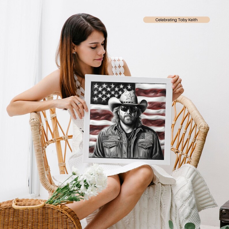 Toby Keith & American Flag Portrait Drawing Print: Country Music Legend ...