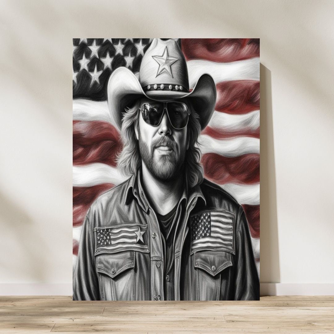 Toby Keith & American Flag Portrait Drawing Print: Country Music Legend ...