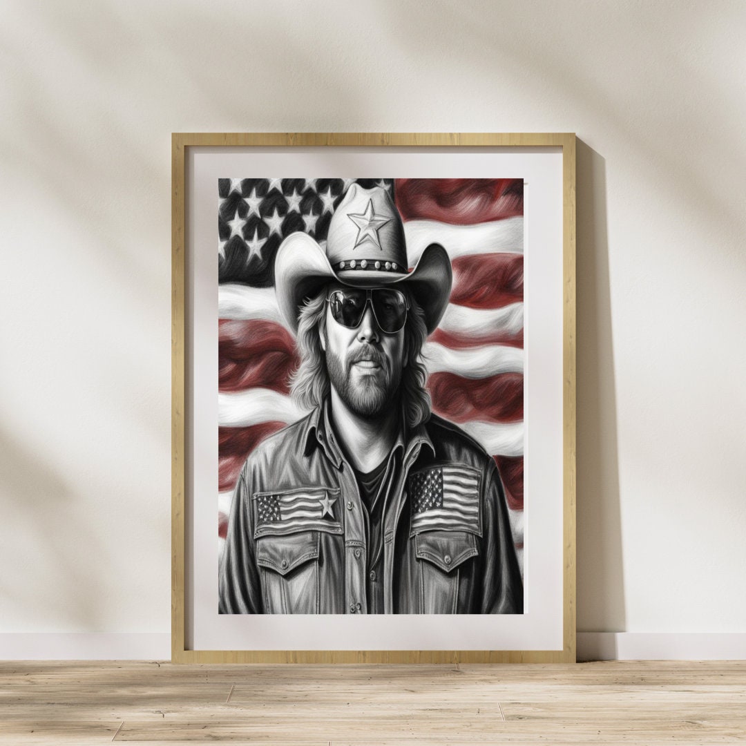 Toby Keith & American Flag Portrait Drawing Print: Country Music Legend ...
