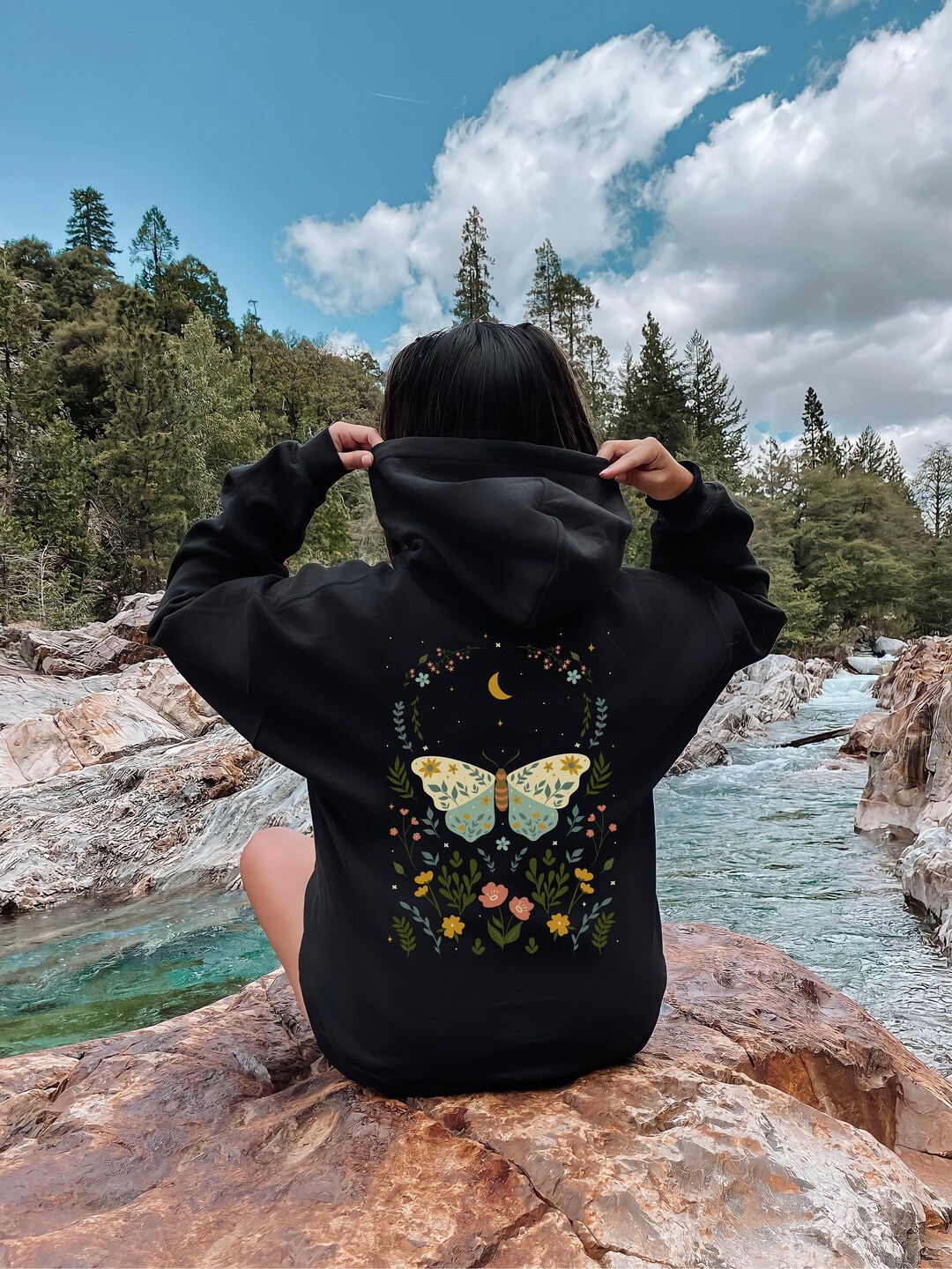 Trendy Cottagecore Black Hoodie, Moth Butterfly Nature Gift for Her ...