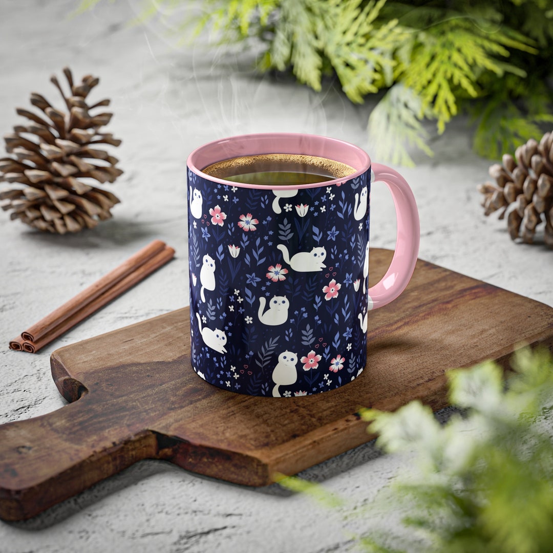 Cat Mug Cat Coffee Mug White Kitty Cup Navy Mug Pink Handle Coffee Tea ...