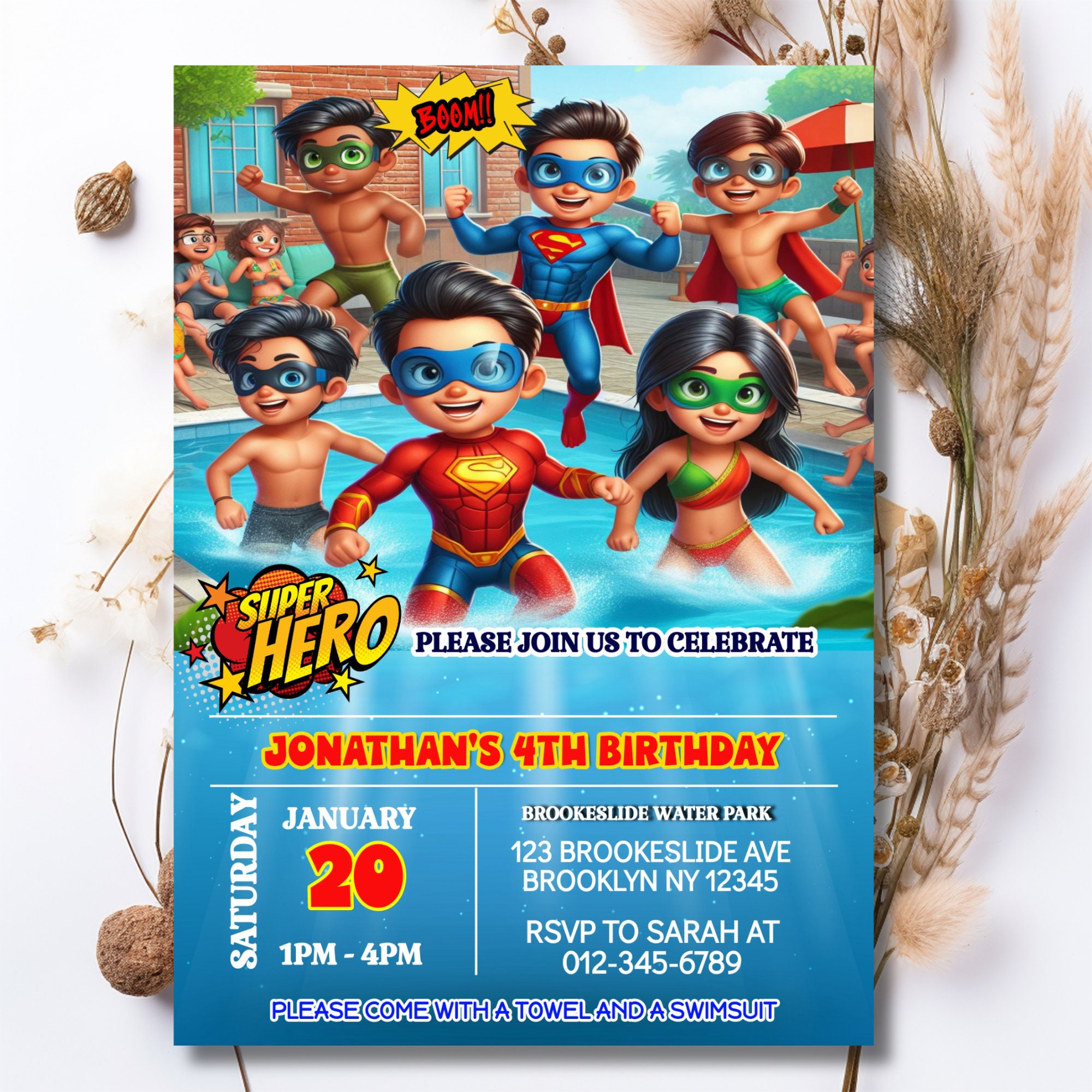 Superhero Birthday Pool Party Invite, Custom Kids Superhero Pool Party ...