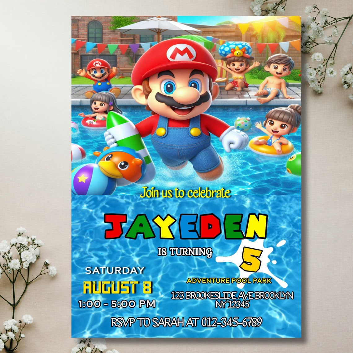 Super Mario Pool Birthday Invitation, Super Mario Pool Party Invitation ...