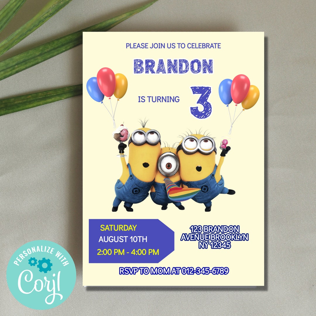 Minion Digital Birthday Invitation, Minion Cartoon Theme Birthday Party ...