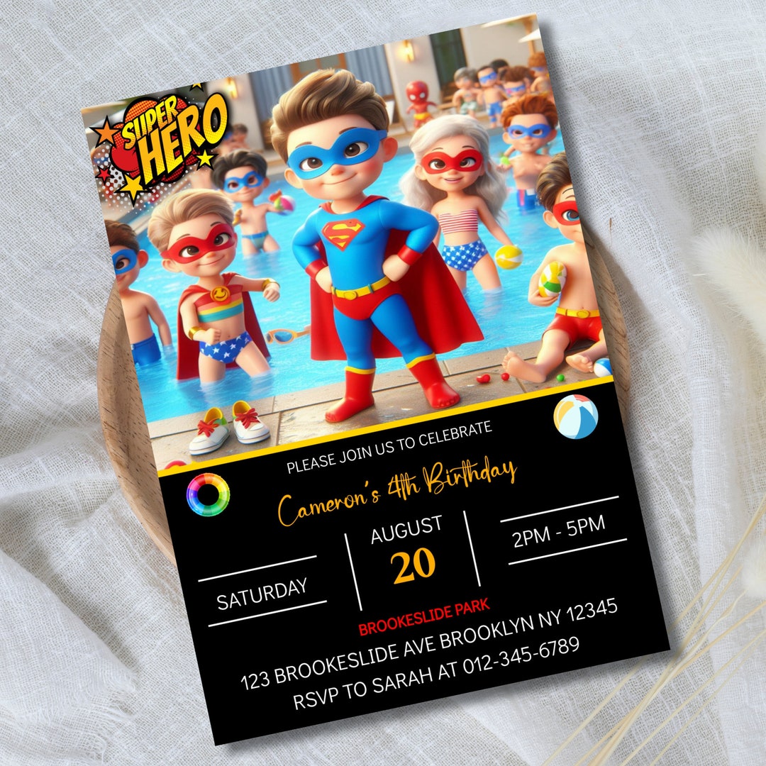 Kids Superhero Birthday Pool Party Invite, Custom Kids Superhero Pool ...