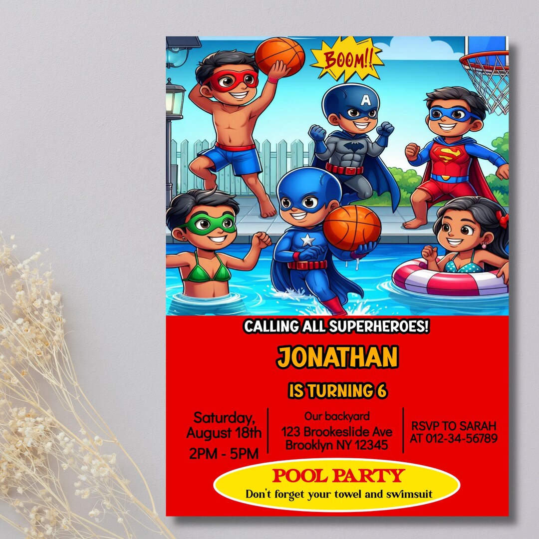 Superhero Birthday Pool Party Invite, Custom Kids Superhero Pool Party ...