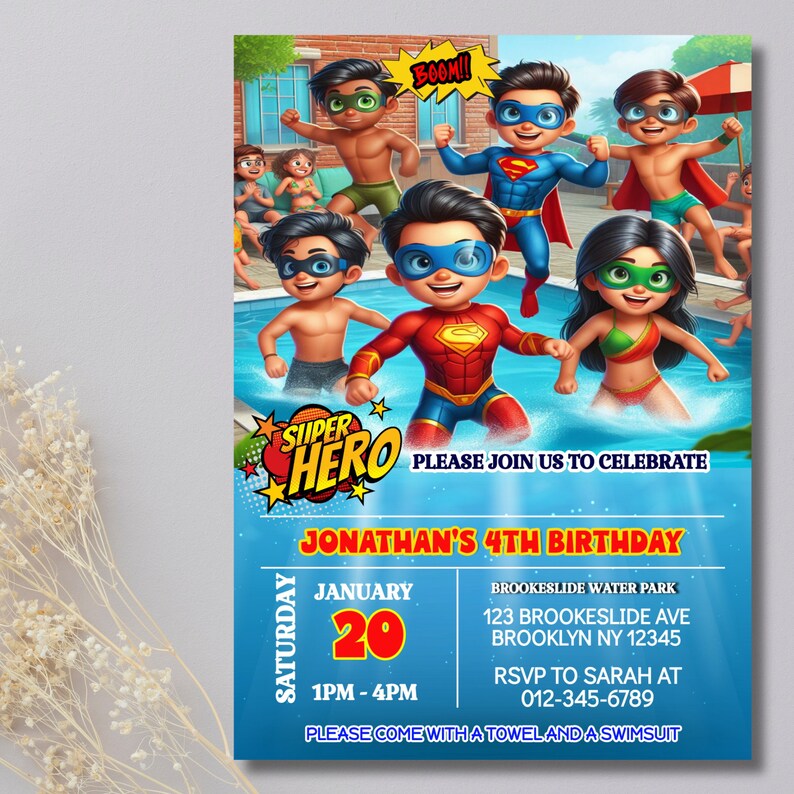 Superhero Birthday Pool Party Invite, Custom Kids Superhero Pool Party ...