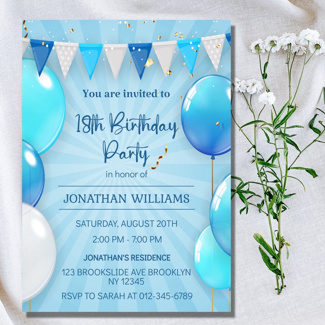 18th Birthday Party Digital Invitation for Boys, Personalized 18th ...