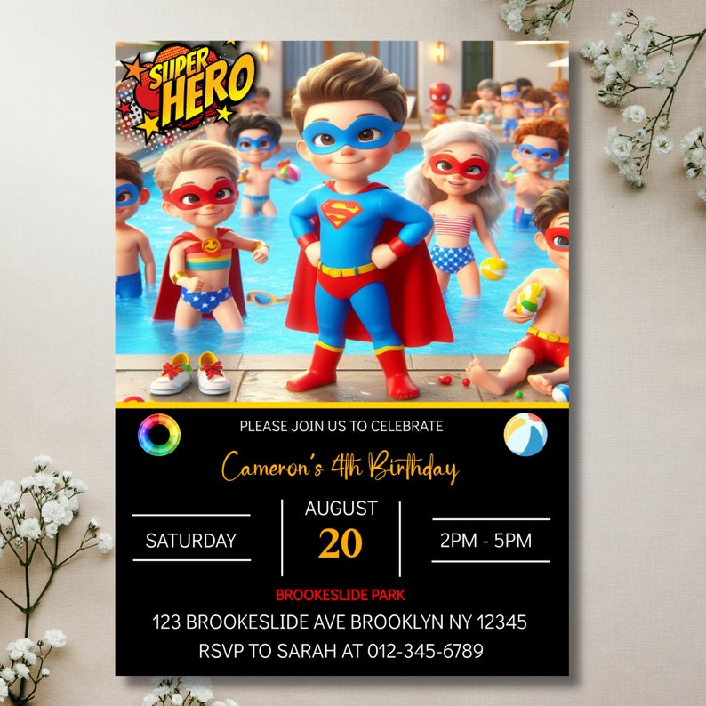 Kids Superhero Birthday Pool Party Invite, Custom Kids Superhero Pool ...