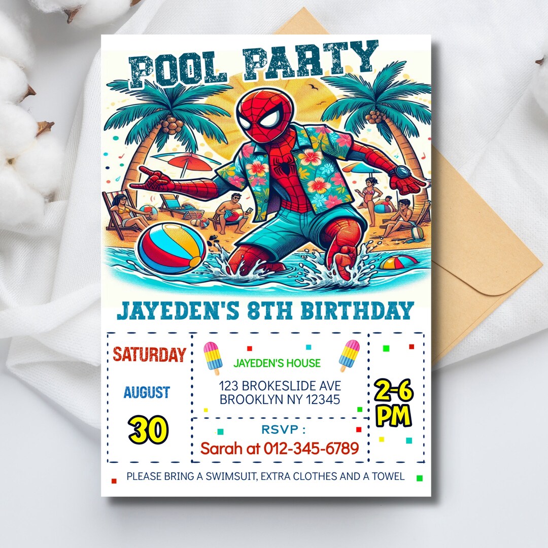 Spiderman Birthday Invite, Spiderman Summer Pool Party, Spiderman Pool ...