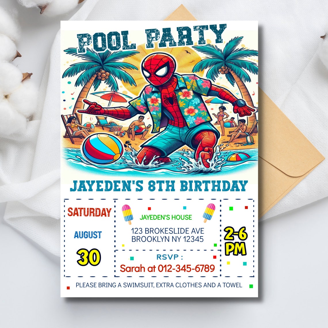 Spiderman Birthday Invite, Spiderman Summer Pool Party, Spiderman Pool ...