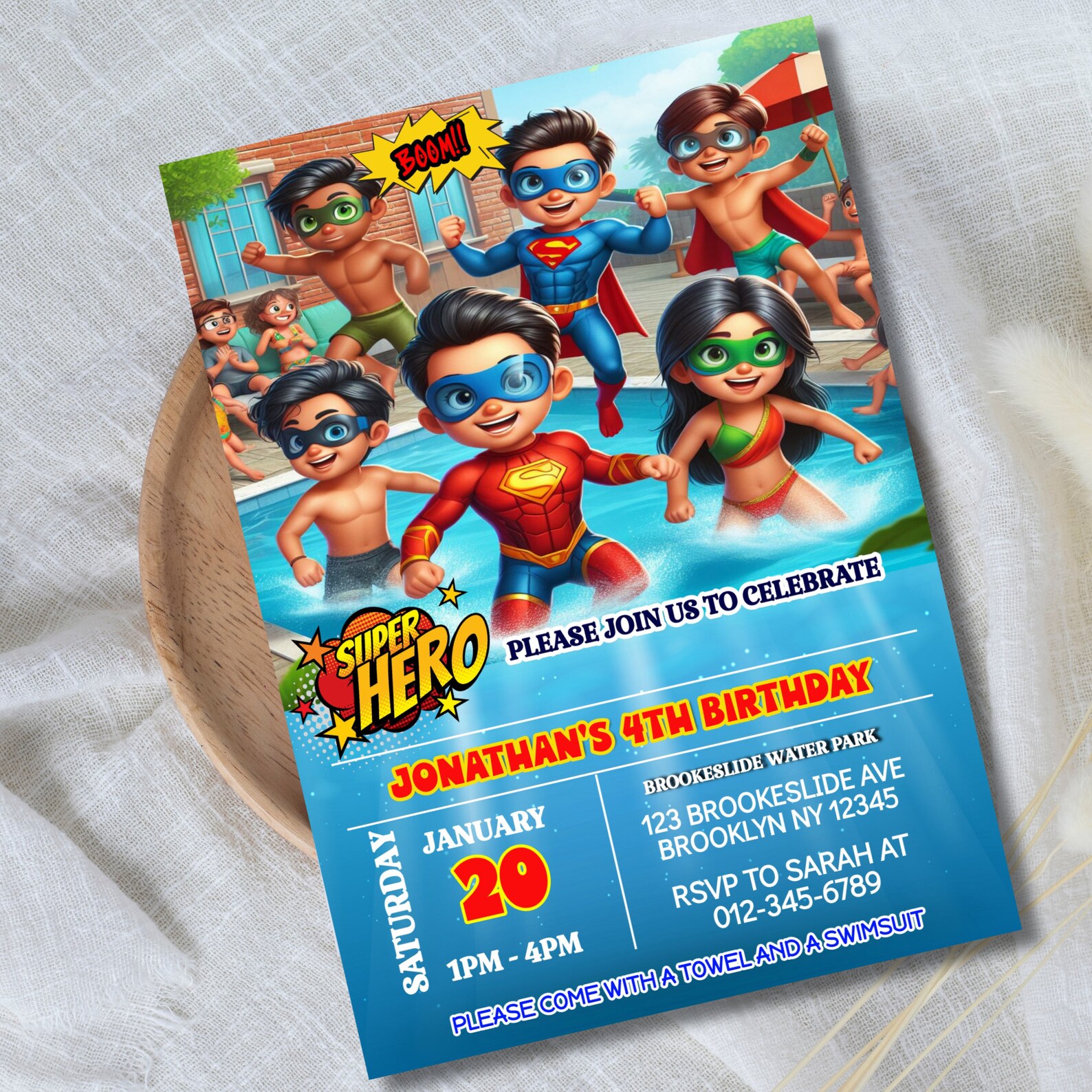 Superhero Birthday Pool Party Invite, Custom Kids Superhero Pool Party ...