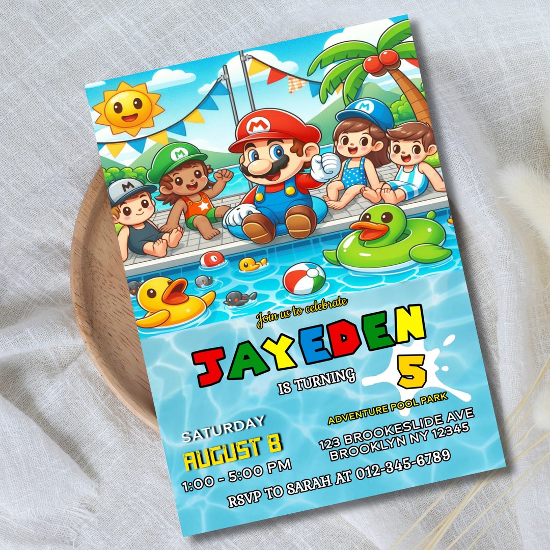 Invitación de cumpleaños de Super Mario Pool, invitación de fiesta de ...