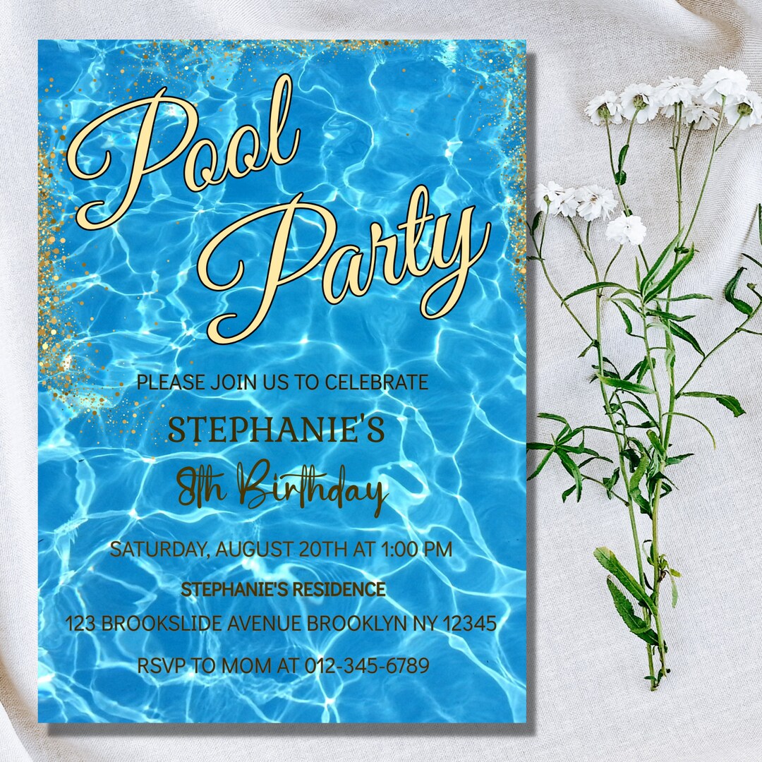 Pool Party Birthday Invitation, Kids Summer Pool Party Invitation, Blue ...