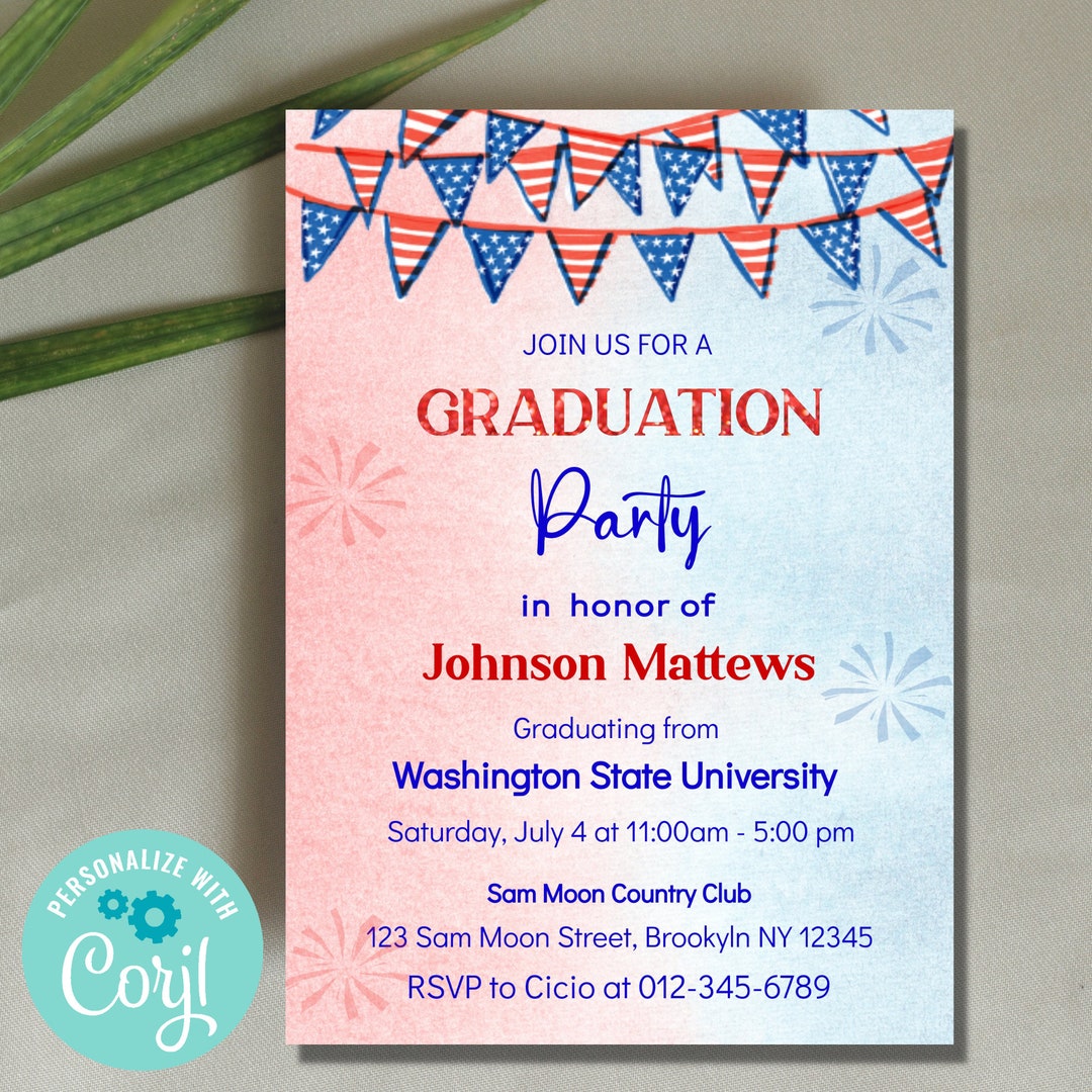 4th of July Graduation Party Invitation Template, High School & College ...