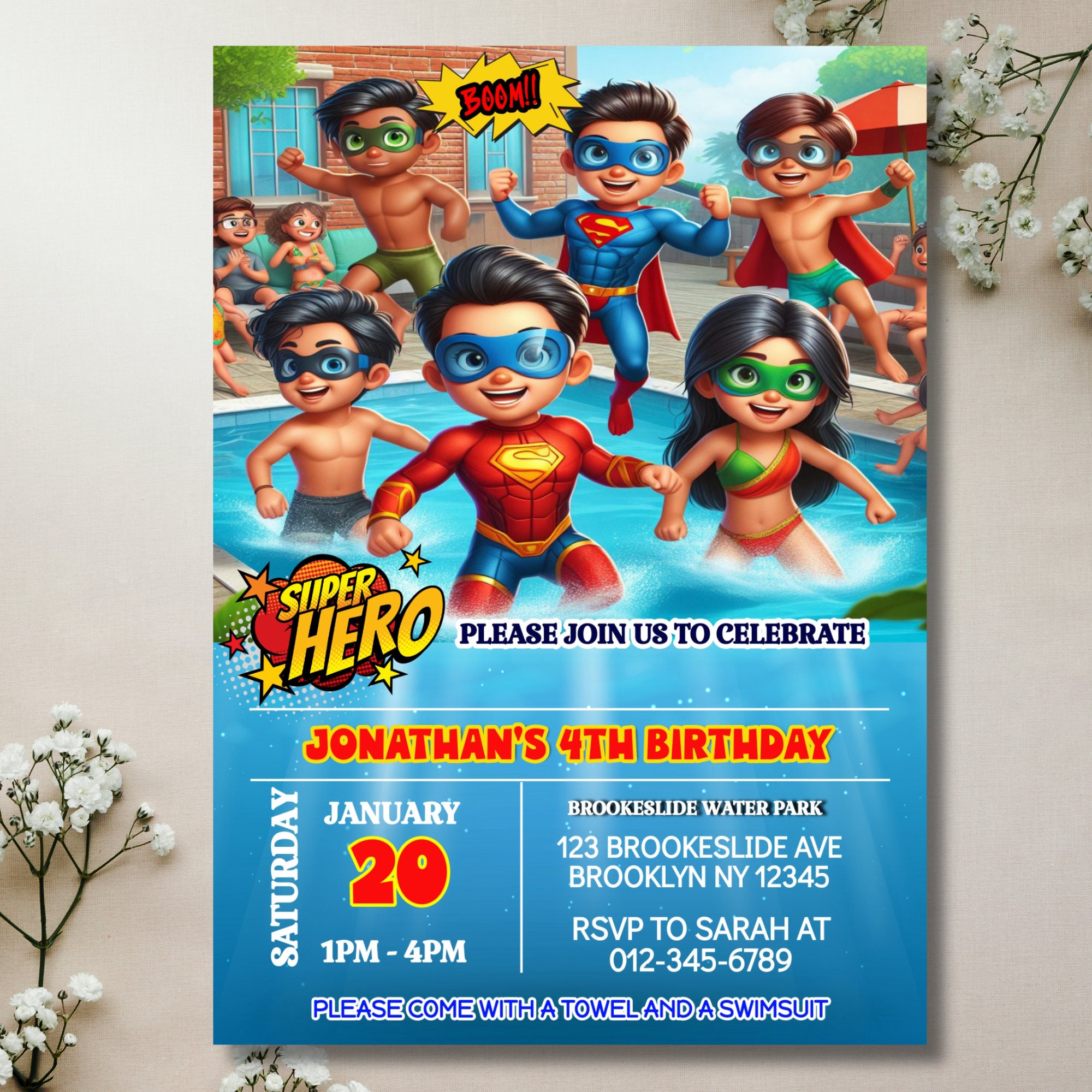 Superhero Birthday Pool Party Invite, Custom Kids Superhero Pool Party ...