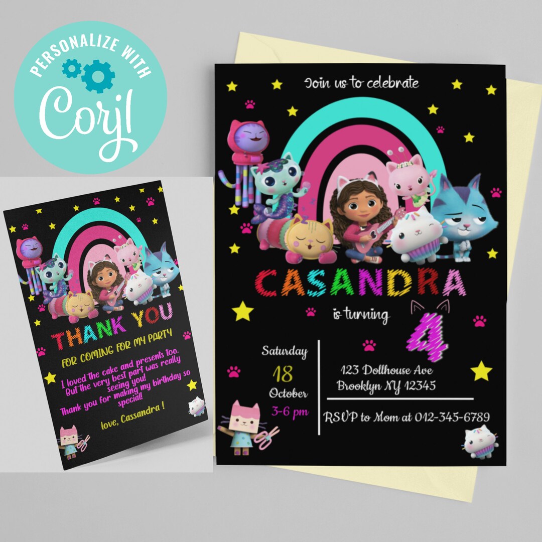 Gabby's Dollhouse Digital Birthday Party Invitation, Colorful Gabby ...