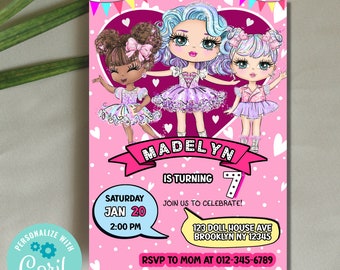 Doll Birthday Digital Invitation, Cute Dolls Birthday Cards, Editable ...